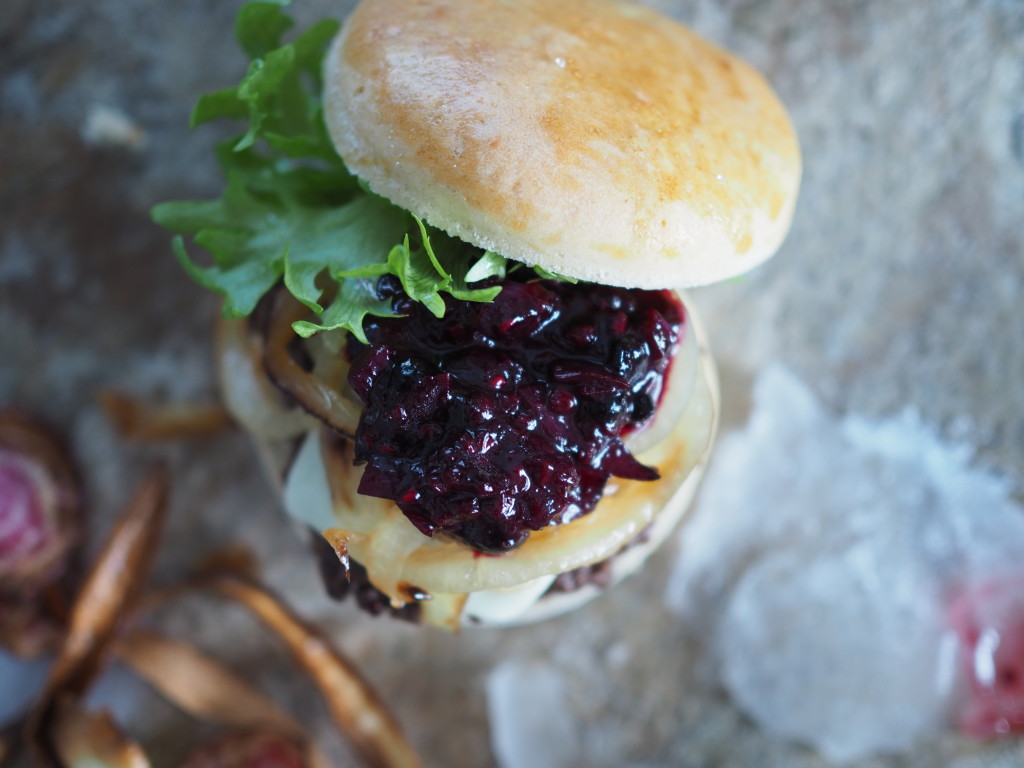 Wild Moose Burger with Forest Berry Relish and Root Vegetable Chips ...