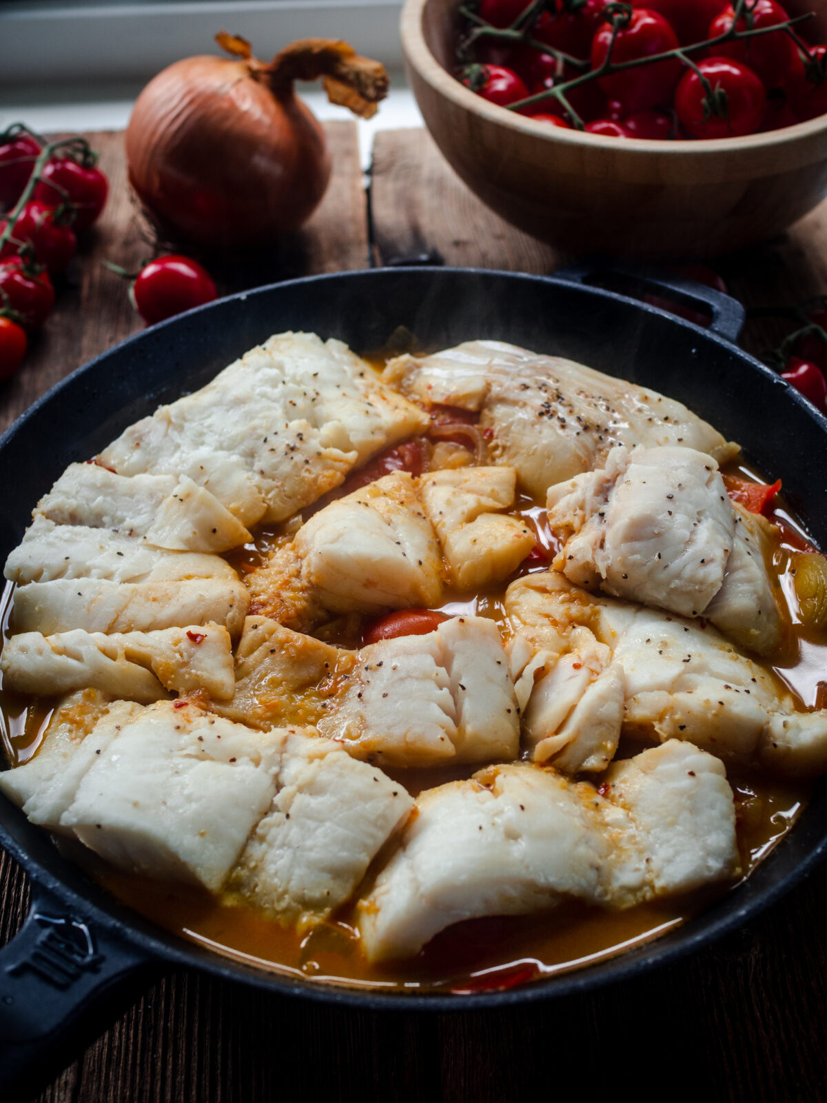One-Pan Buttery Cod with Tomatoes & Peppers - North Wild Kitchen