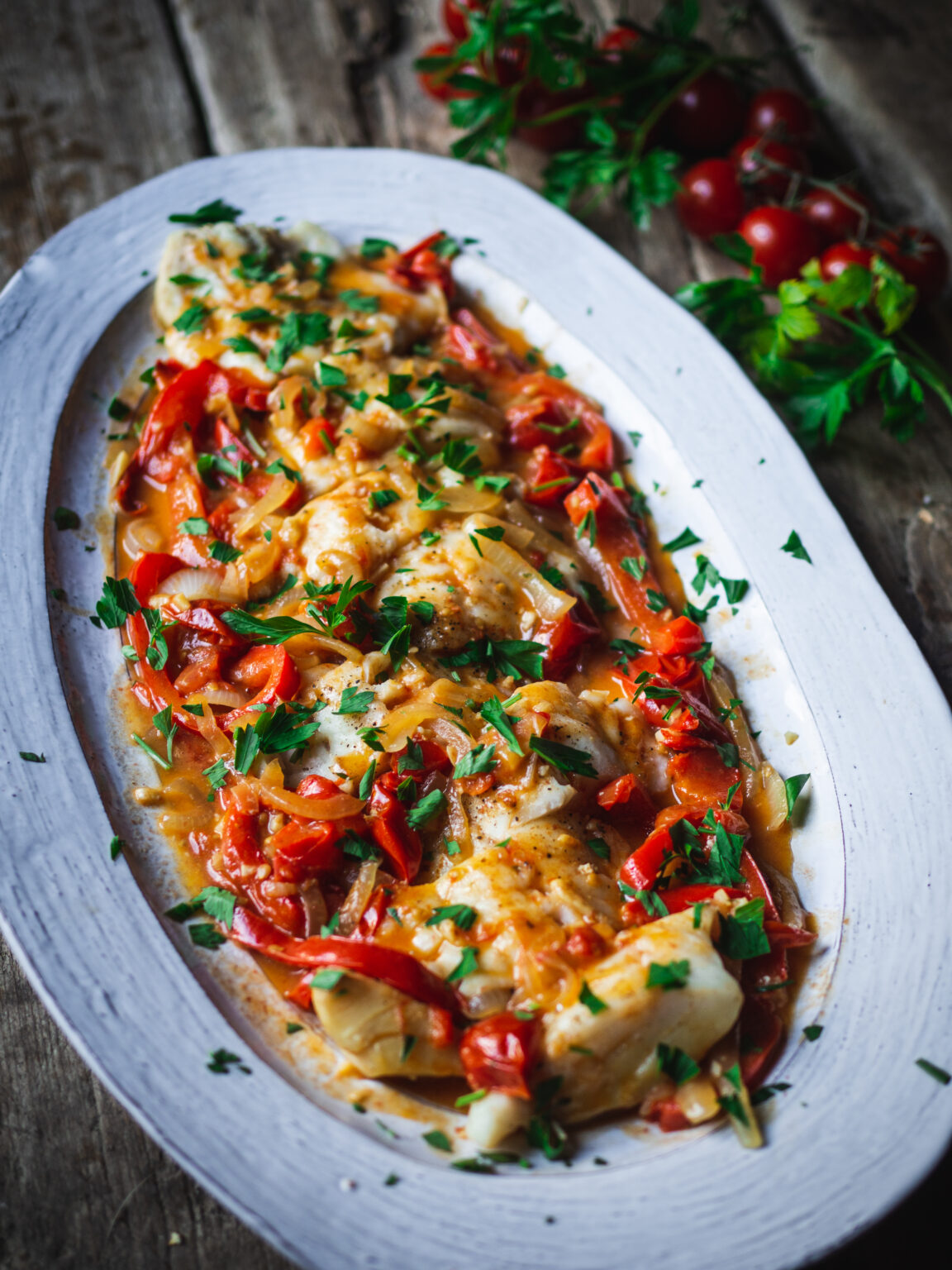 One-Pan Buttery Cod with Tomatoes & Peppers - North Wild Kitchen