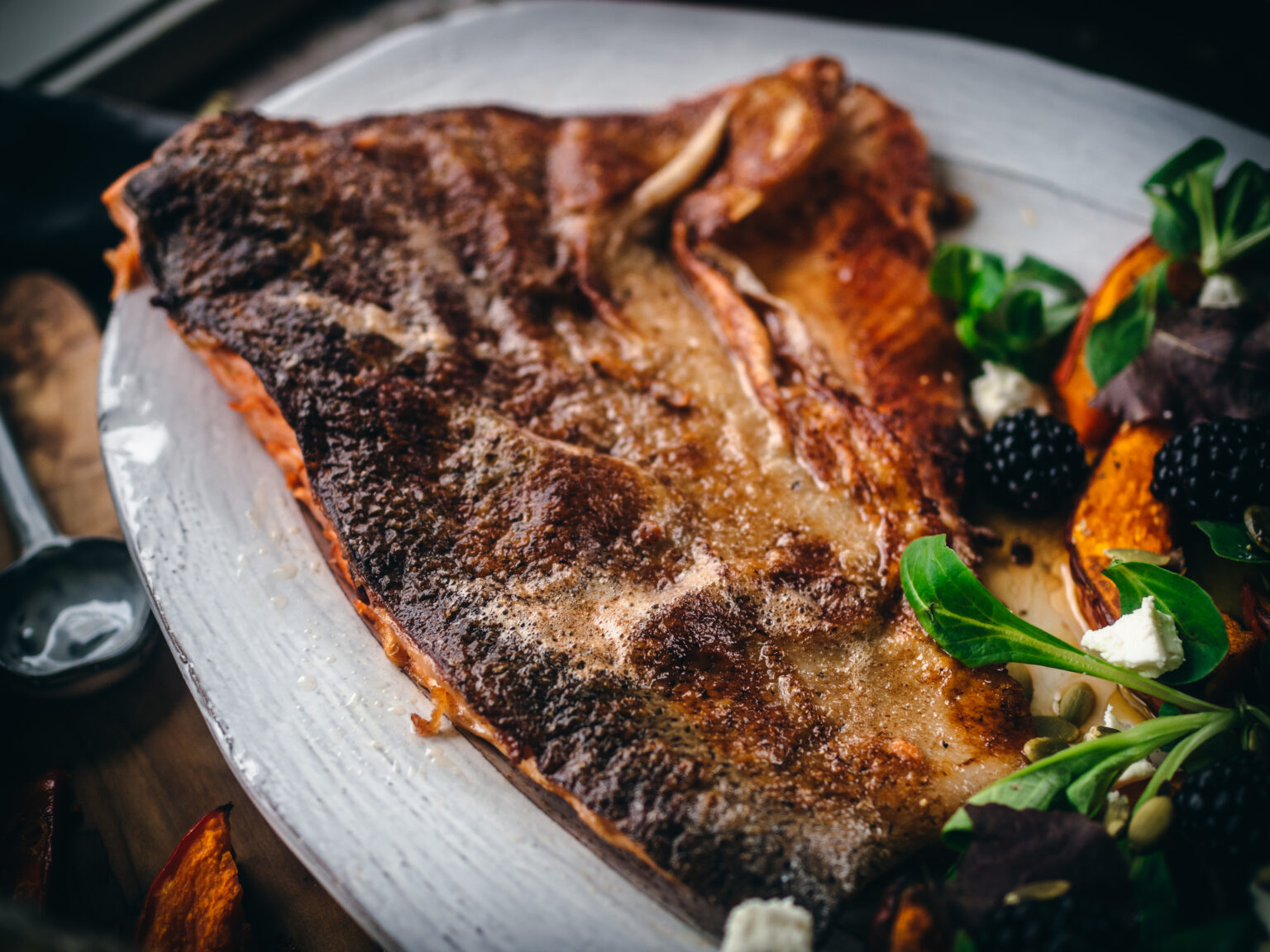 Pan-Seared Steelhead Trout with Roasted Pumpkin, Blackberries & Goat ...
